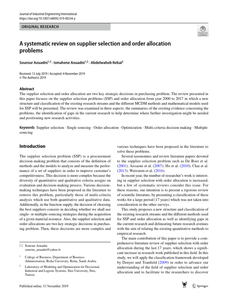 A Systematic Review On Supplier Selection and Order Allocation Problems | PDF