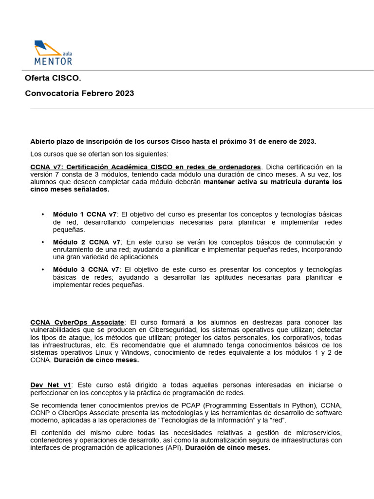 OFERTA CISCO. Informacion Convocatoria Febrero 2023 1 | PDF | Ingeniería de software ...