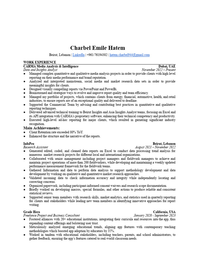 Charbel Hatem Resume 2024 | PDF | Marketing Research | Analytics