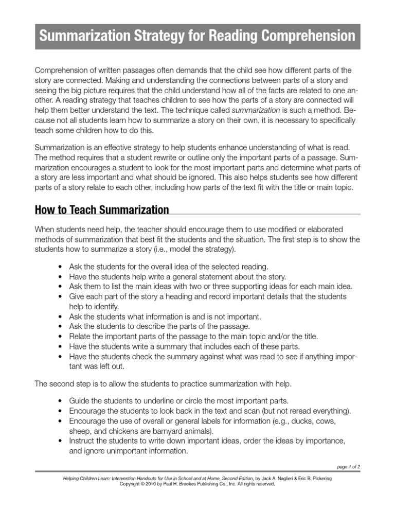 Summarization Strategy For Reading Comprehensi | PDF | Reading Comprehension | Psychology