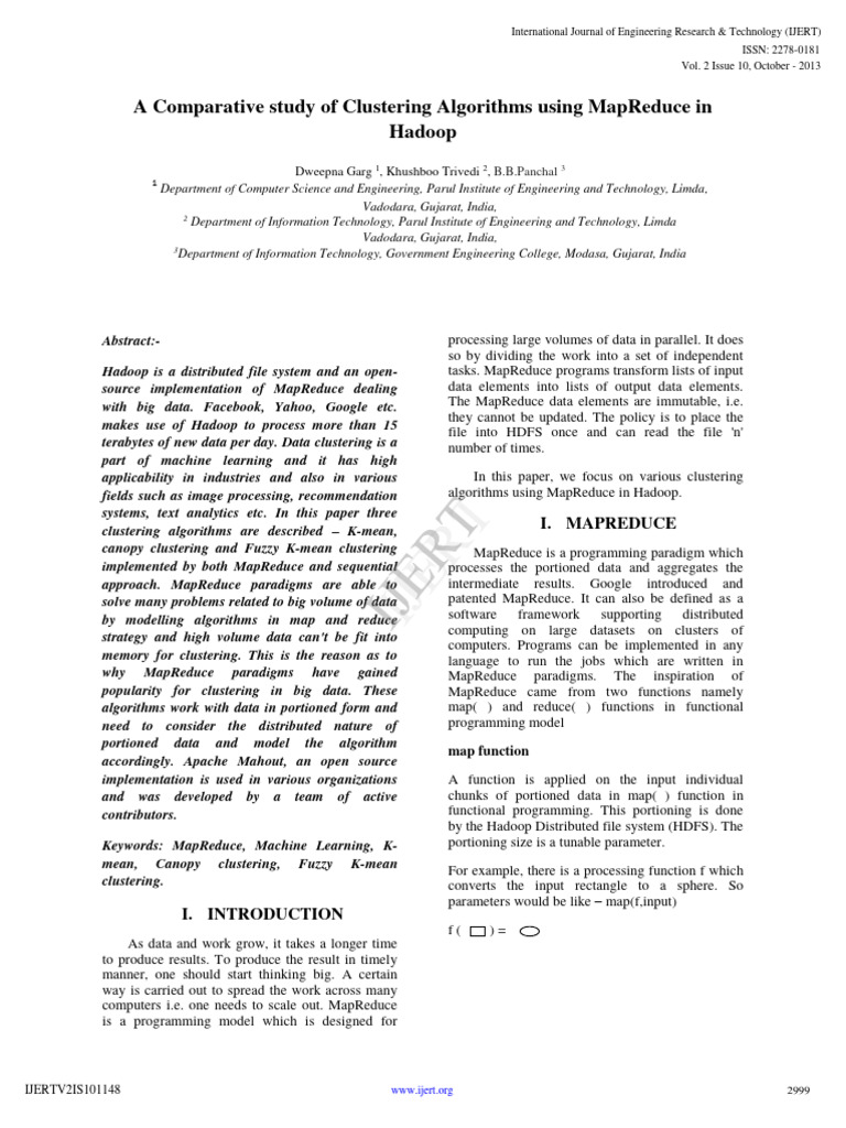 A Comparative Study of Clustering Algorithms Using Mapreduce in Hadoop IJERTV2IS101148 | PDF ...