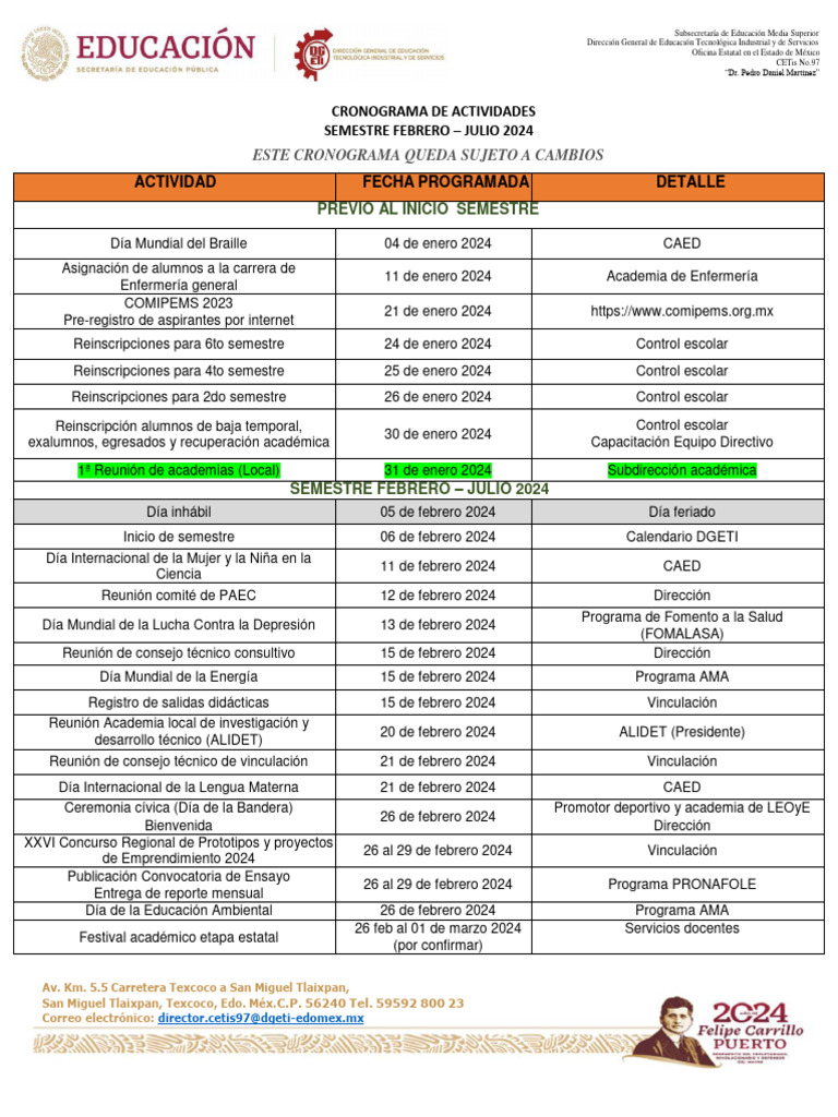 Cronograma Actividades CETis 97 2024 | PDF