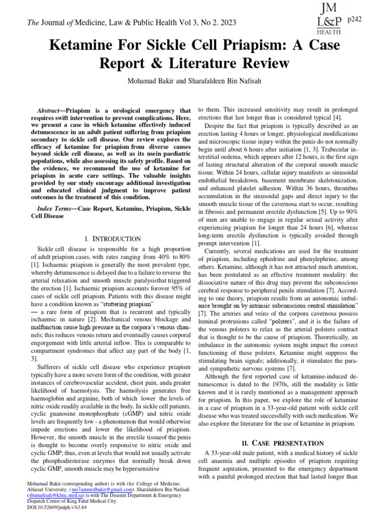 Ketamine for Priapism in SCD | PDF | Clinical Medicine | Medical Specialties
