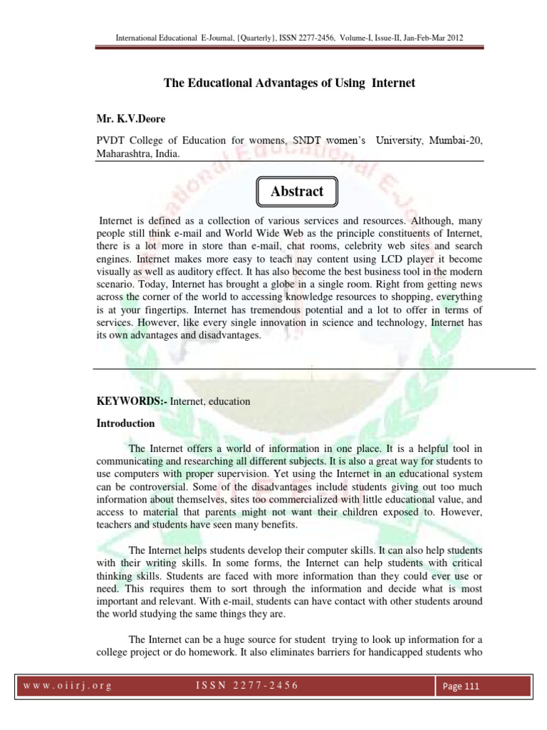 The Educational Advantages of Using Internet: Mr. K.V.Deore | PDF | Educational Technology ...