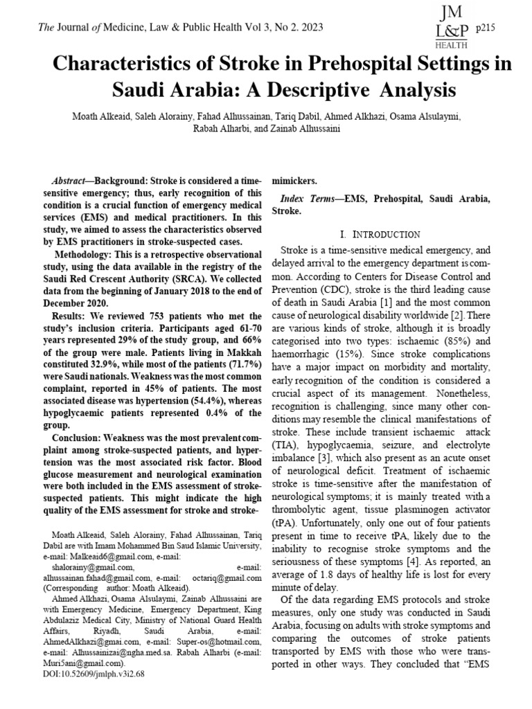 Characteristics of Stroke in Prehospital Settings in Saudi Arabia A Descriptive Analysis | PDF ...