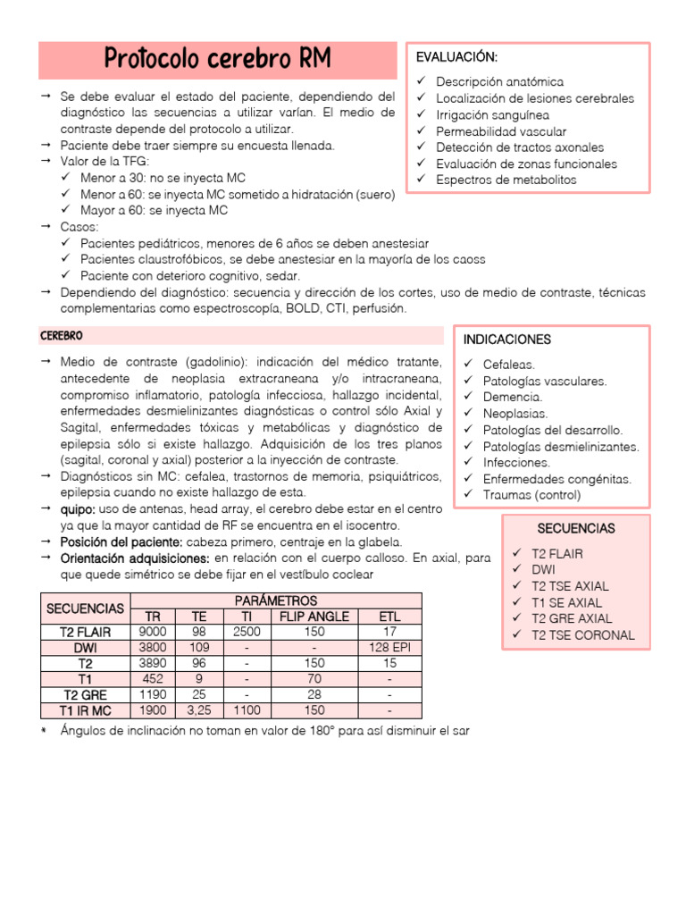 Protocolo Cerebro RM (Parámetros) | PDF | Enfermedades y trastornos humanos | Especialidades Medicas