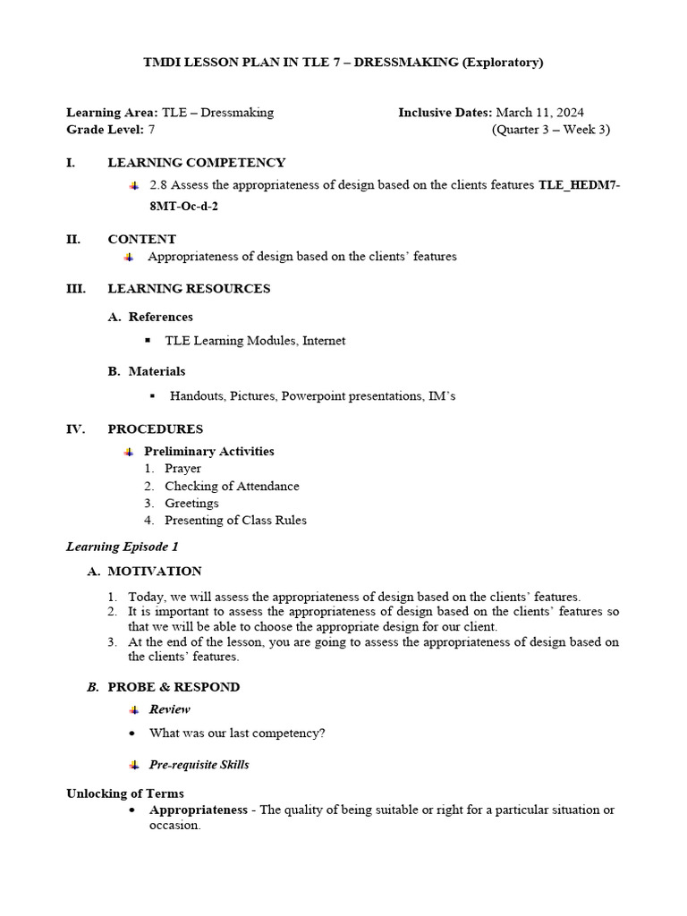 TLE 7 Dressmaking Lesson Plan | PDF | Waist | Body Shape