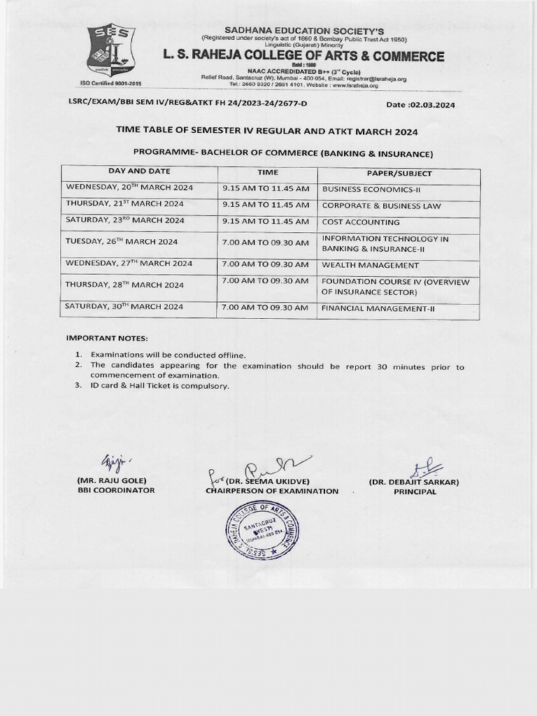 Bbi Sem IV Regular Atkt Examination Time Table March 2024 | PDF