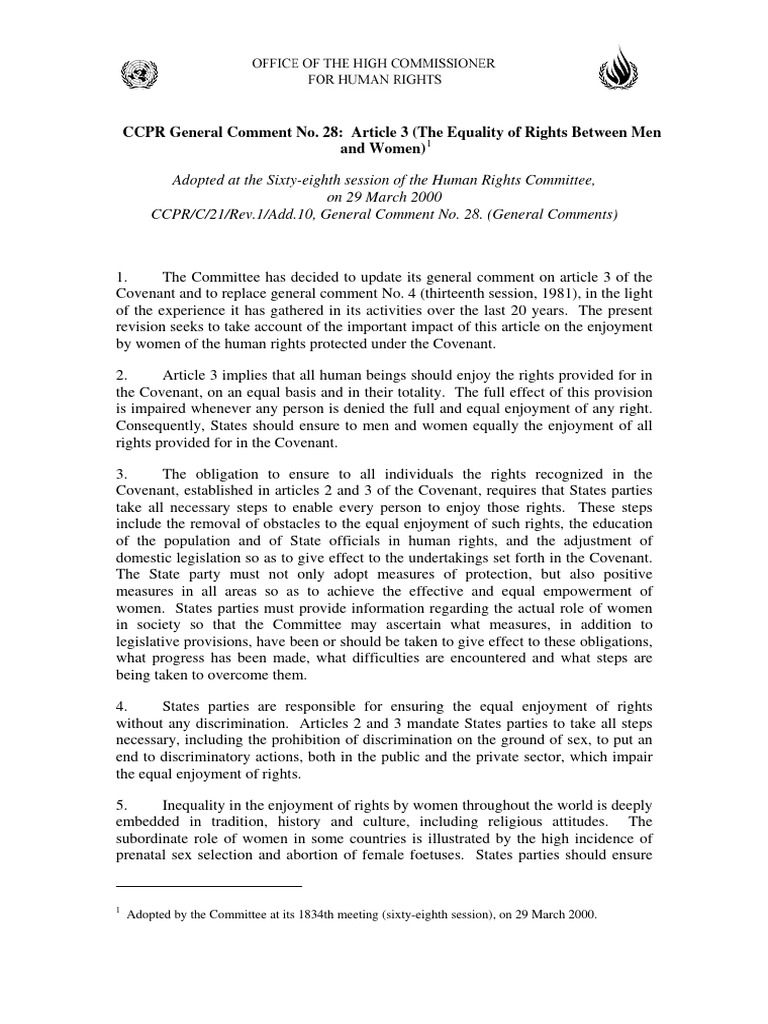 Equality of Rights: CCPR General Comment 28 | PDF | Marriage | Family