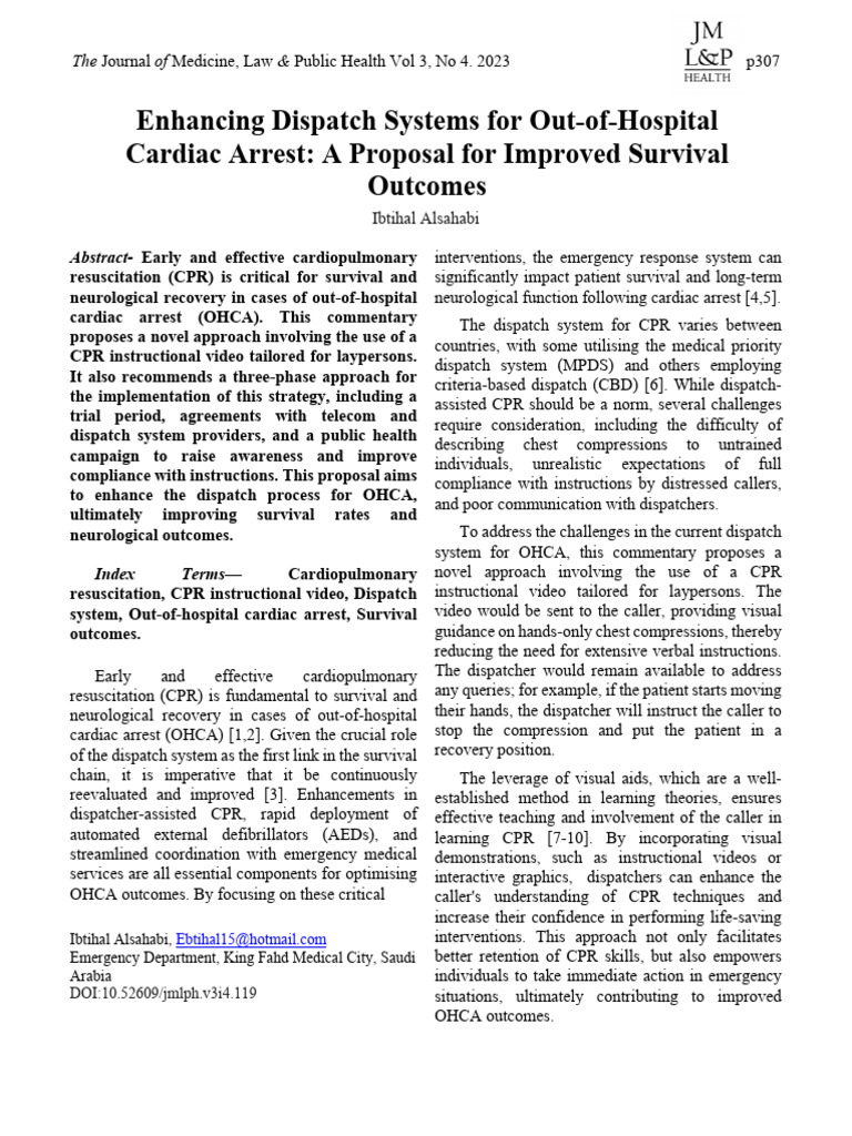 Enhancing Dispatch Systems for Out-Of-Hospital Cardiac Arrest a Proposal for Improved Survival ...