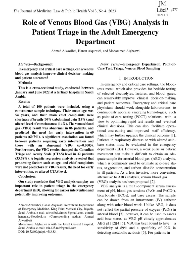 Role of Venous Blood Gase (VBG) Analysis in Patient Triage in The Adult ...