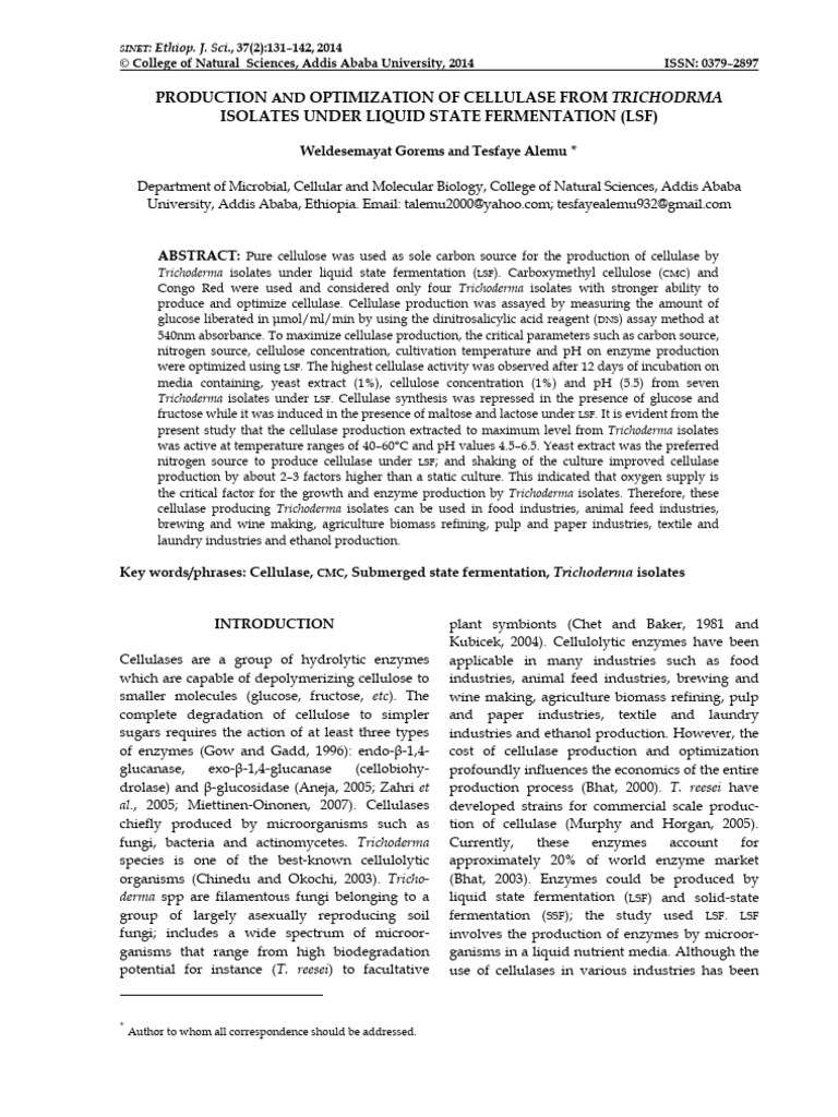 Production And Optimization Of Cellulase From Trichodrma Isolates Pdf Glucose Cellulose