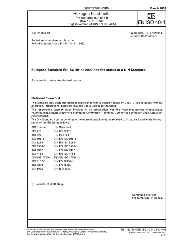 En ISO 4014 (Hex Bolts With Shanks) Carbon螺栓标准 | PDF