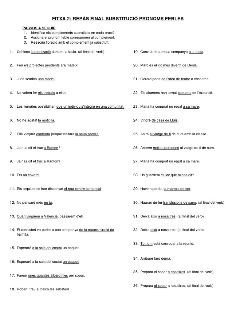 Fitxa 2 - Repàs Final Substitució Pronoms Febles | PDF