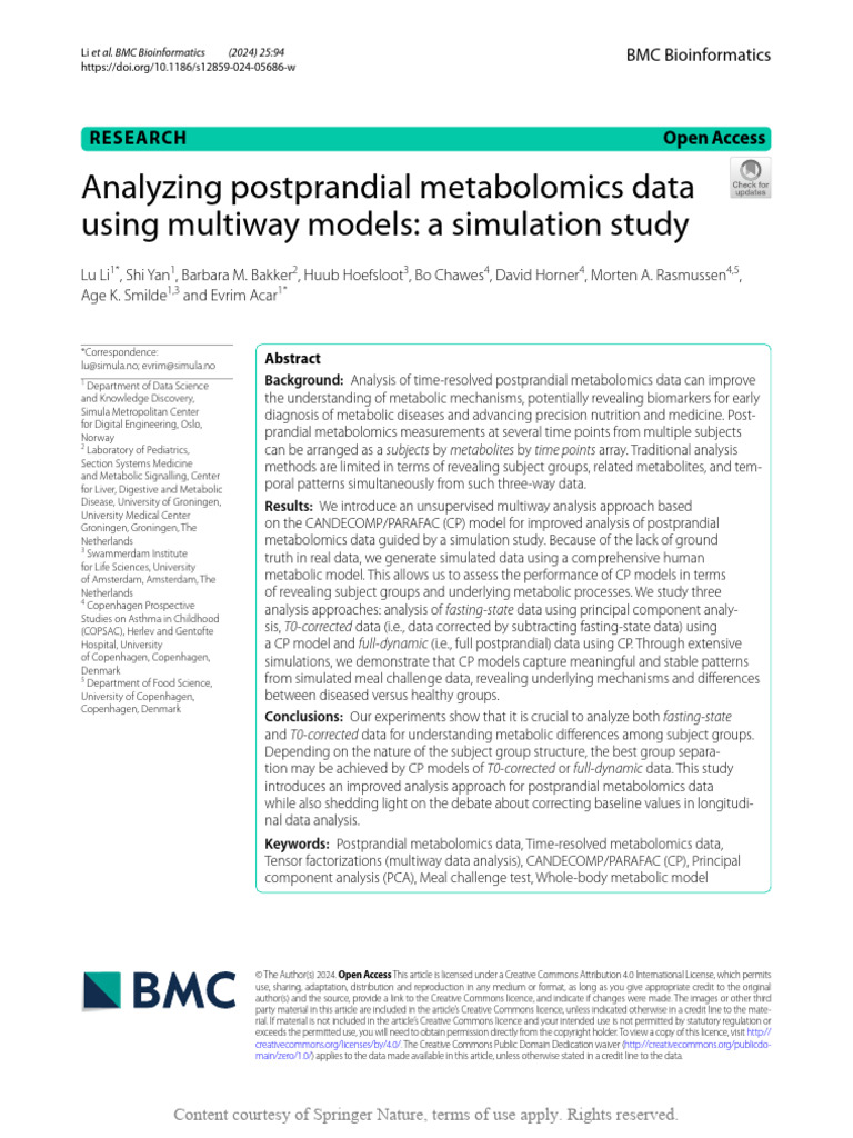 Analyzing Postprandial Metabolomics Data Using Mul | PDF | Metabolomics | Insulin Resistance