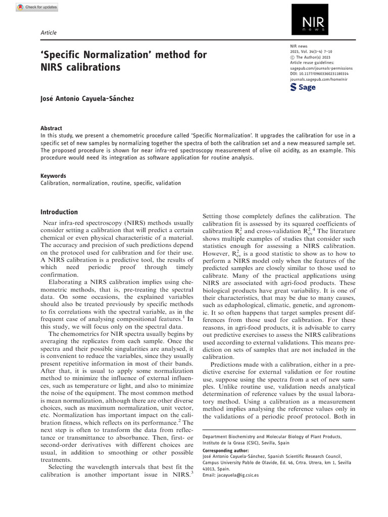 Cayuela Sanchez 2023 Specific Normalization Method For Nirs Calibrations | PDF | Chemometrics ...