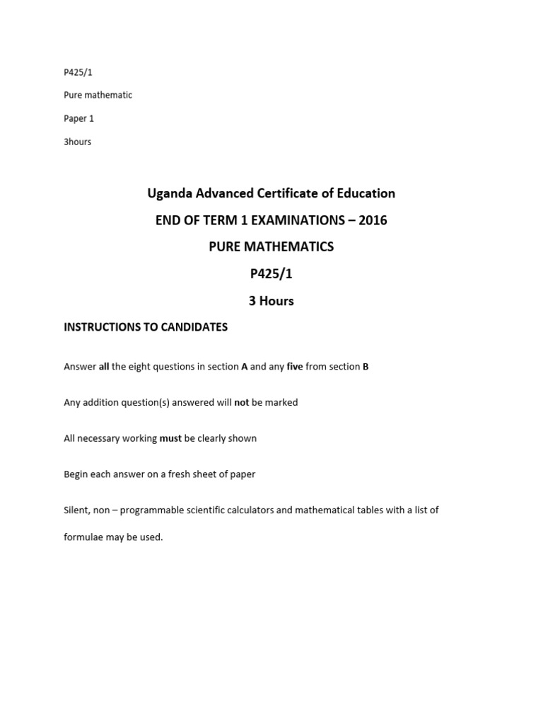 Uganda A-Level Math Exam | PDF | Teaching Methods & Materials