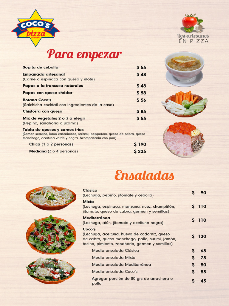 Menú de Coco's Pizza Texcoco | PDF | ensalada | Alimentos