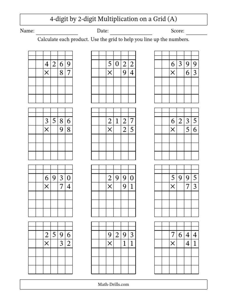 4-Digit by 2-Digit Multiplication Grid | PDF