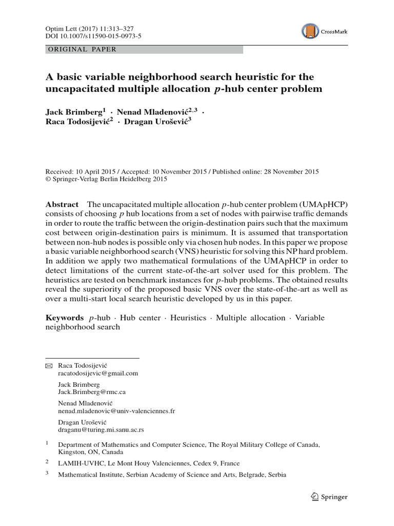 G18uhi Variable Neighbourhood Earch Uncapacitated Multiple Allocation P Hub Center Problem
