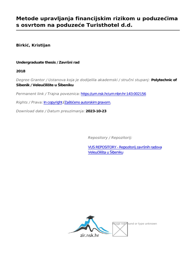 2018 BIrkic Metode Upravljanja Financijskim Rizikom U Poduzećima Turisthotel | PDF