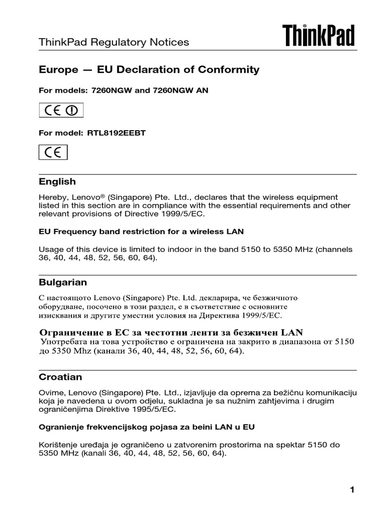 Europe - Eu Declaration of Conformity: Thinkpad Regulatory Notices | PDF