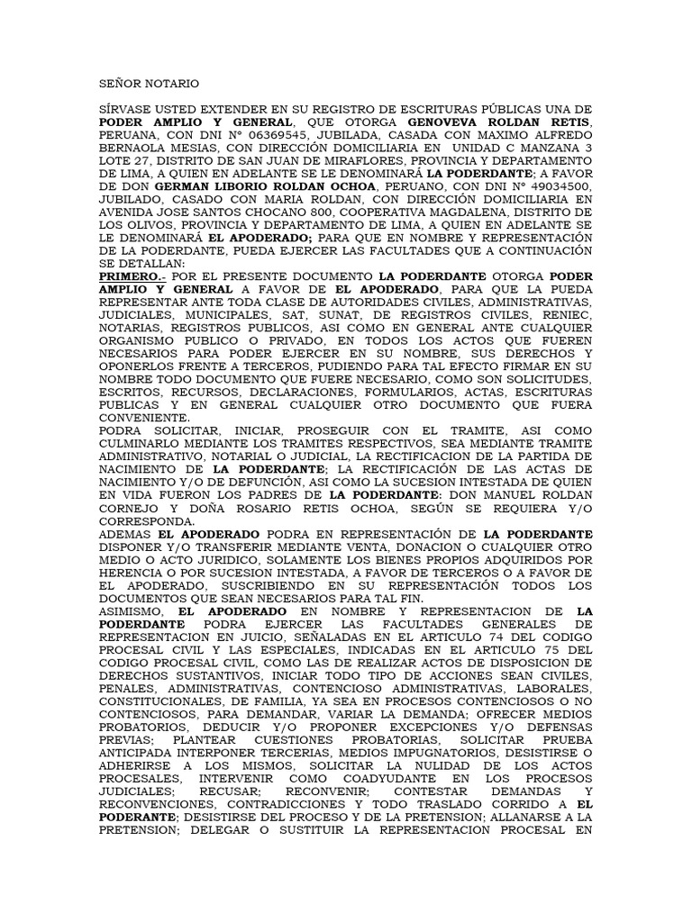MINUTA DE OTORGAMIENTO de PODERES A ROLDAN OCHOA | PDF | Ley procesal | Justicia