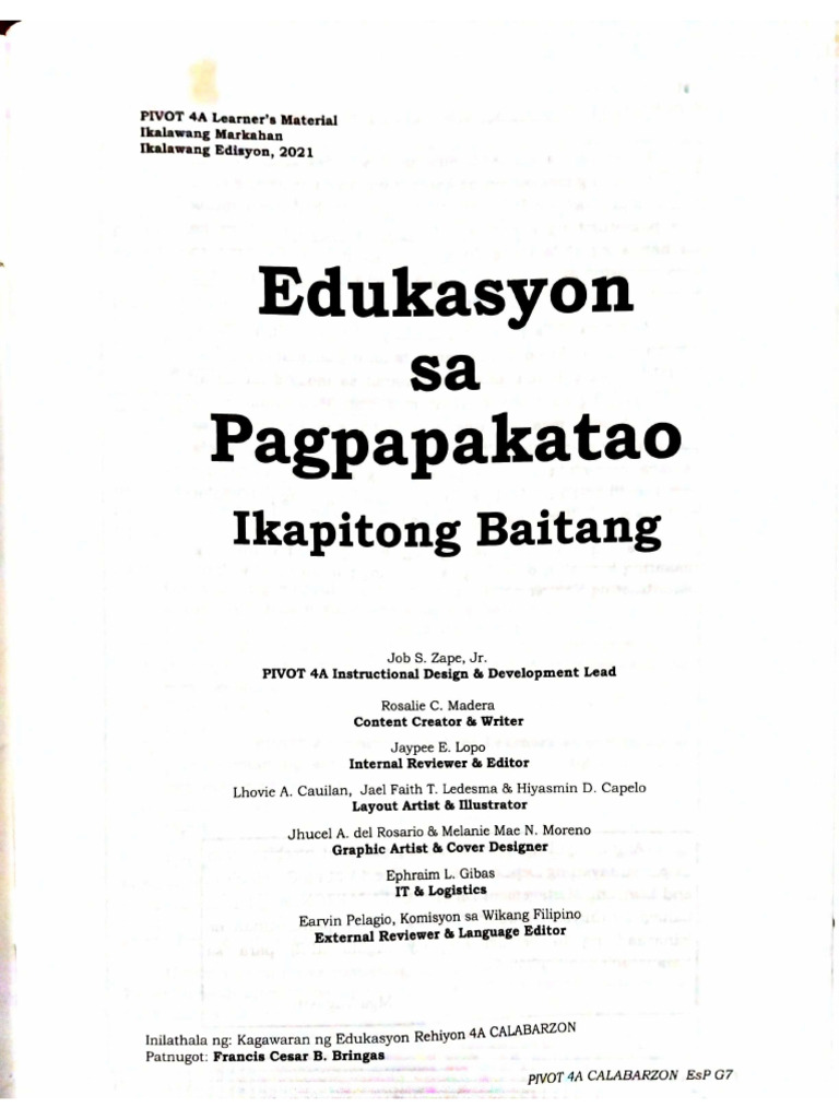 PIVOT 4A LEARNER'S MATERIAL - Grade 7 Ikalawang Markahan ESP | PDF