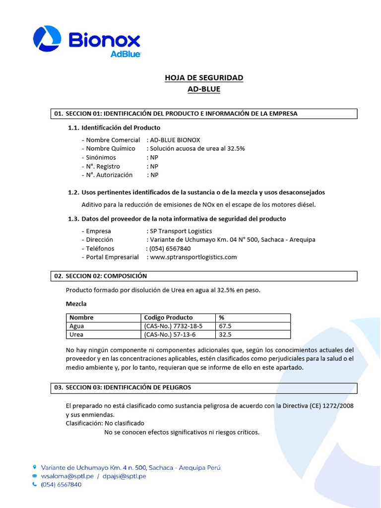 Hoja de Segurida o Msds Bionox Adblue (1) | PDF | Amoníaco | Agua