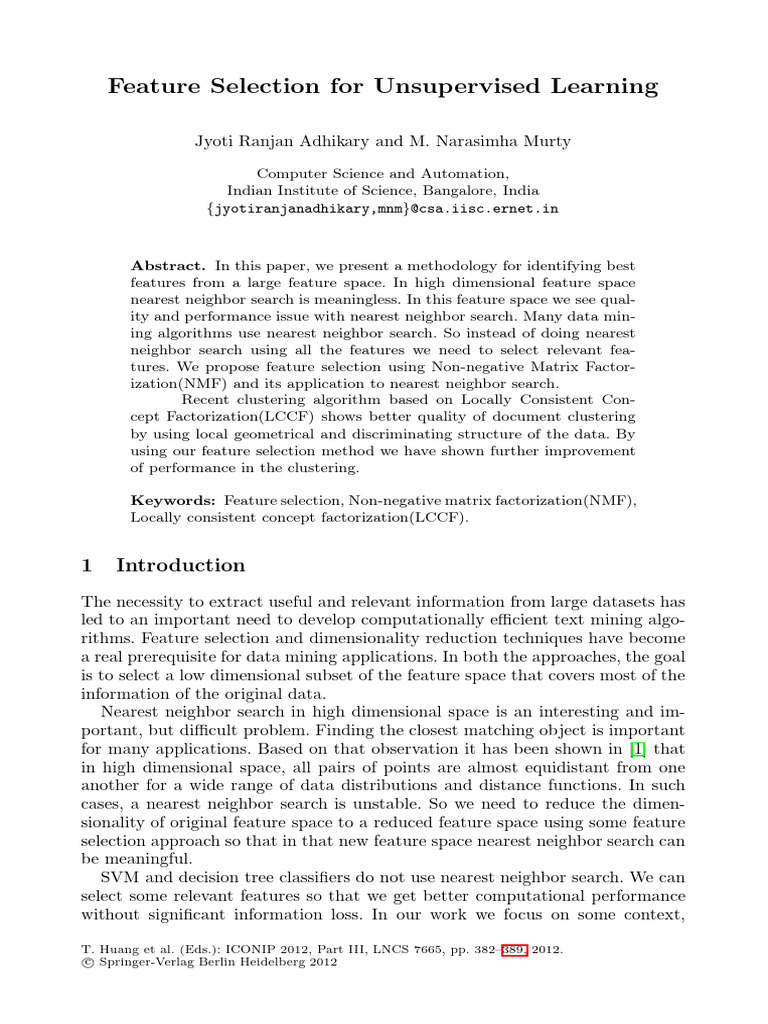 Adhikary e Murty - 2012 - Feature Selection For Unsupervised Learning | PDF