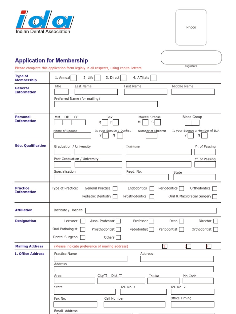 IDA Membership Form | PDF | Orthodontics | Dentistry