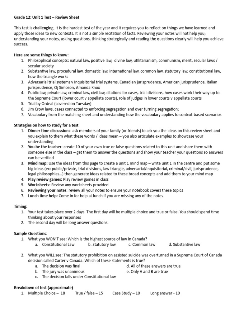 Lesson 15 - Grade 12 - Unit 1 Test Review | PDF | Common Law | Trials