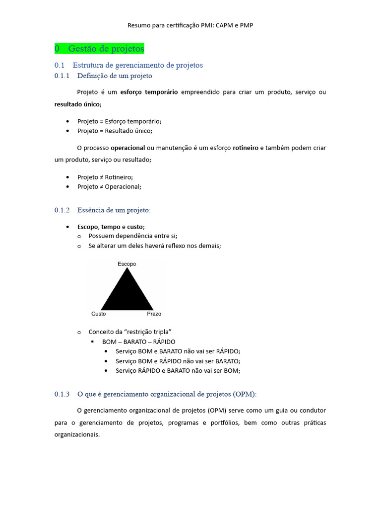 Resumo para Certificação PMI - CAPM e PMP - Estrutura de Gerenciamento ...
