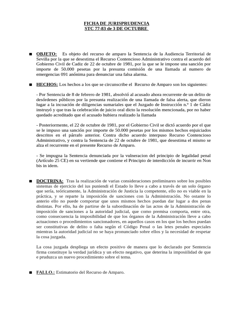 Ficha de Juris STC 77-83 Non Bis Idem | PDF | Sentencia (ley) | Res Judicata