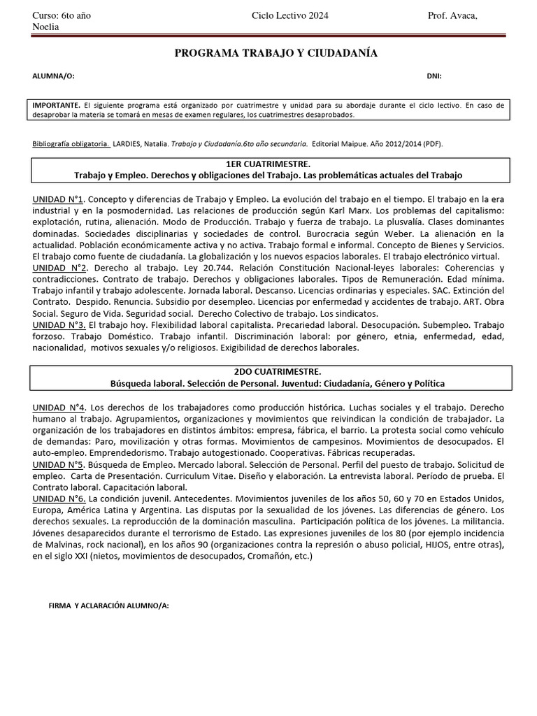 Programa 6° TYC 2024 | PDF | Derecho laboral | Desempleo