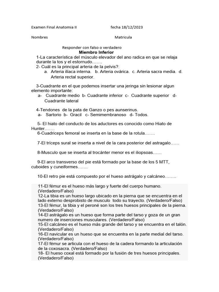 Examen Final Anatomia II Fecha 18 | PDF | Sistema musculoesquelético | Anatomía del miembro inferior