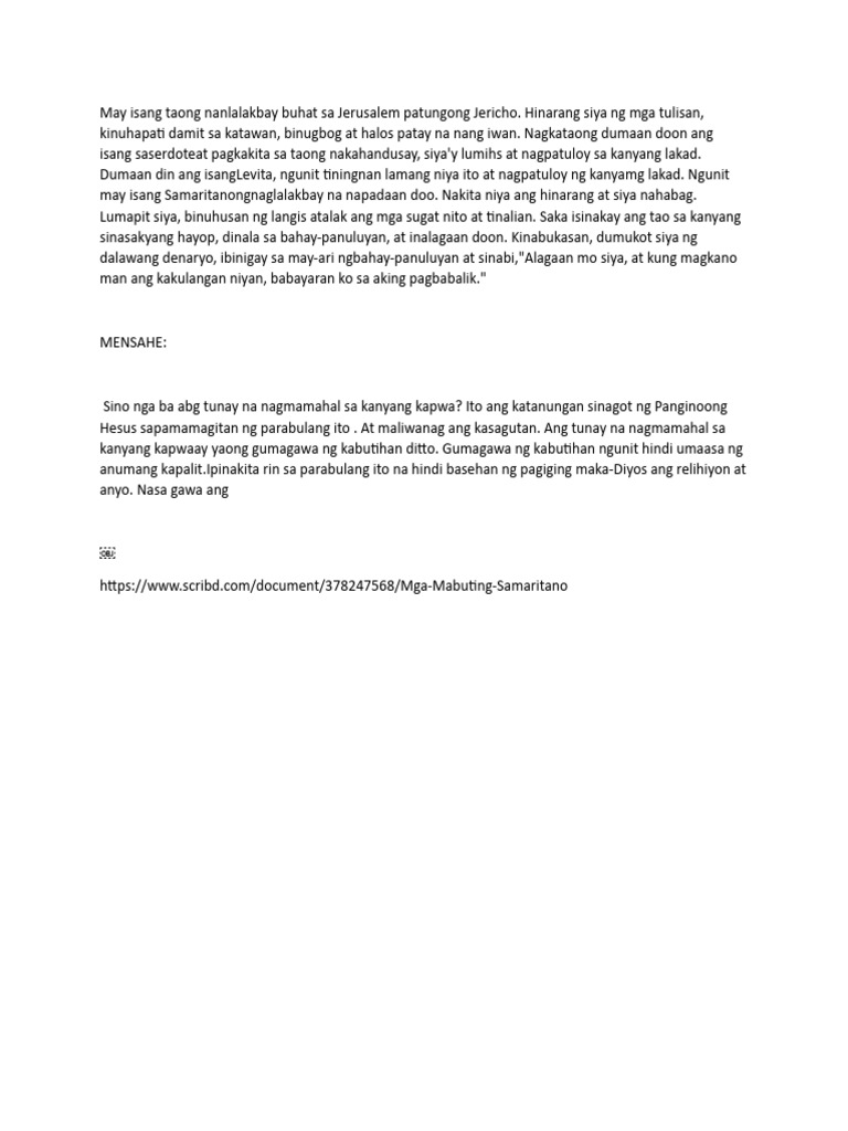 Ang Mabuting Samaritano (Parabula) | PDF