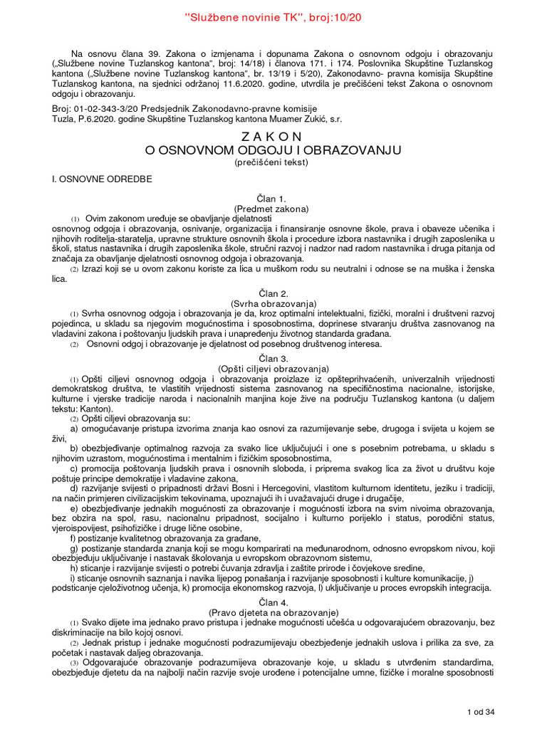 Zakon o Osnovnom Odgoju I Obrazovanju Precisceni Tekst | PDF