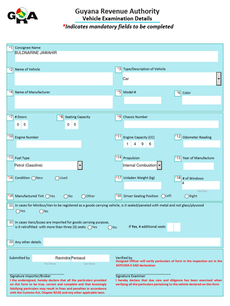 Guyana Revenue Authority: Indicates Mandatory Fields To Be Completed ...