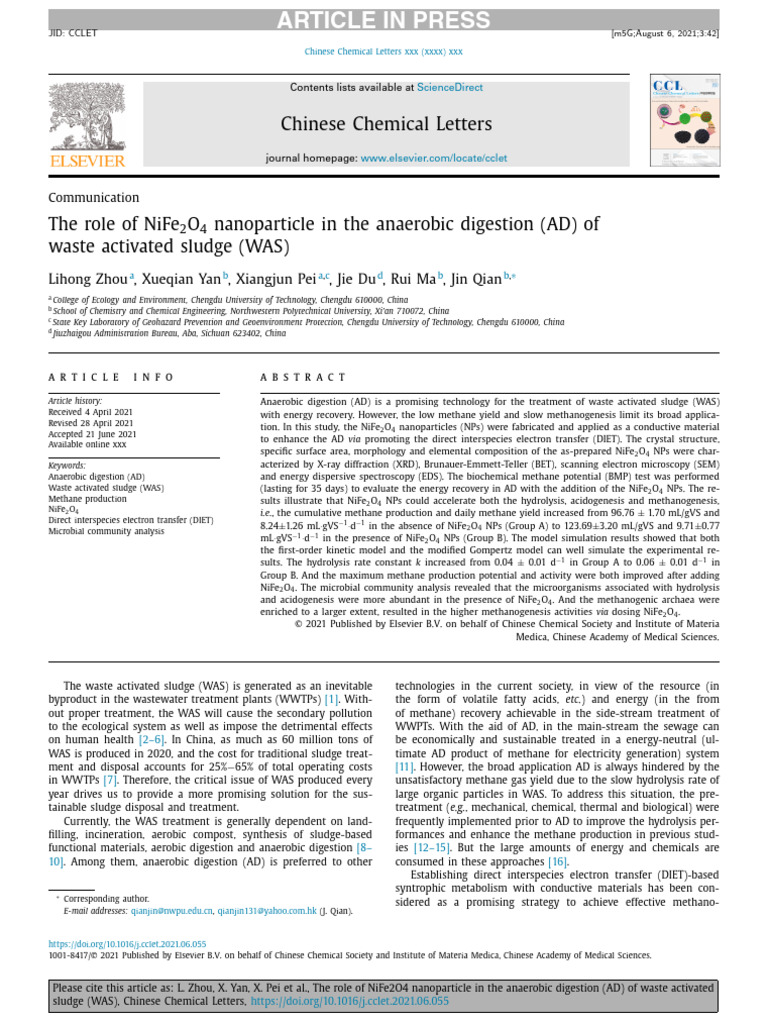 The Role of NiFe2O4 Nanoparticle in The Anaerobic Digestion (AD) of ...