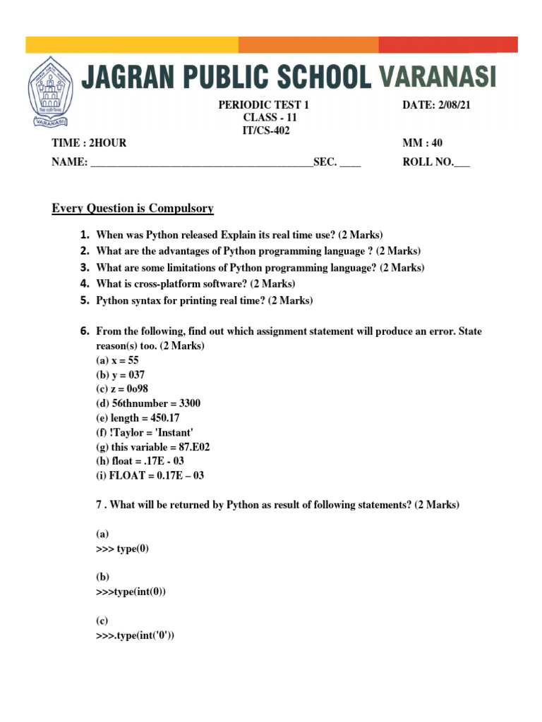 Class - 11 PA (Test) IT 2 AUG. | PDF | Python (Programming Language ...