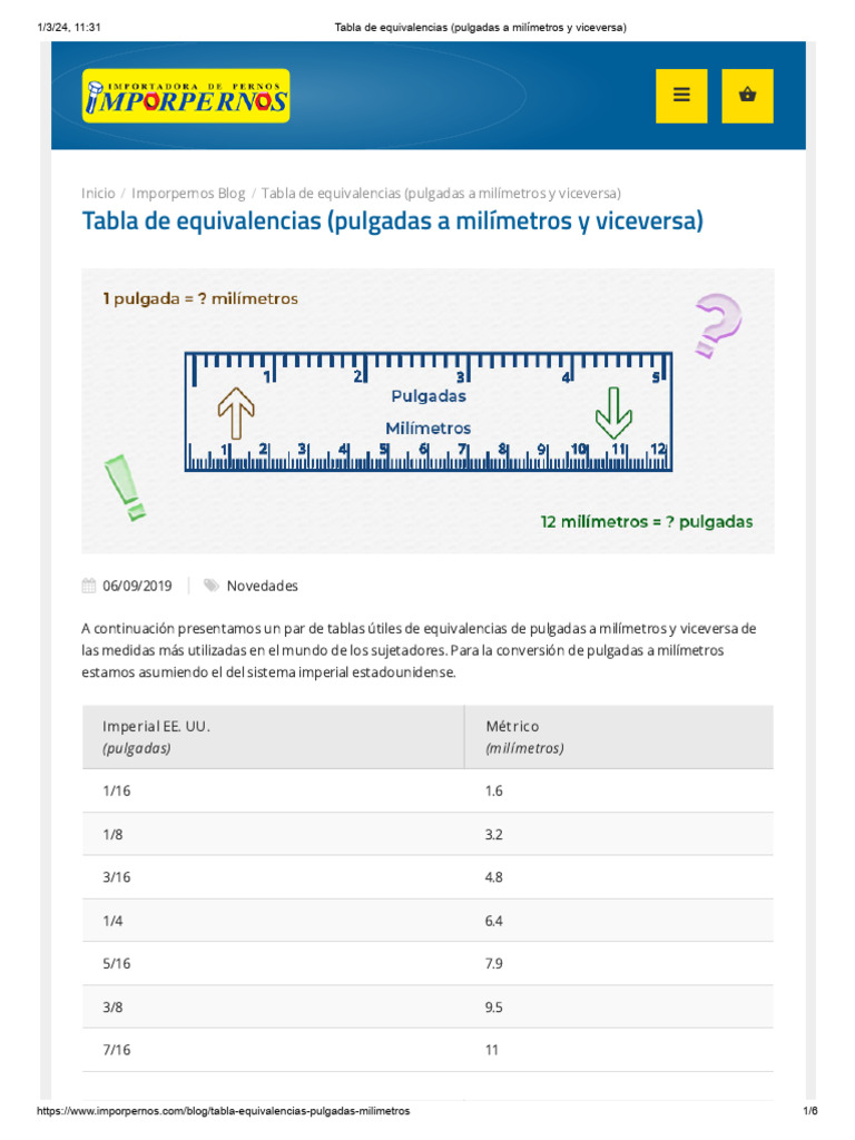 Tabla de Equivalencias (Pulgadas A Milímetros y Viceversa) | PDF