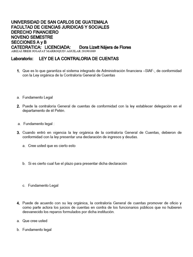 LABORATORIO DE LA LEY DE LA CONTRALORIA DE CUENTAS 19 Preguntas Sin Respuestas | PDF | Contralor ...