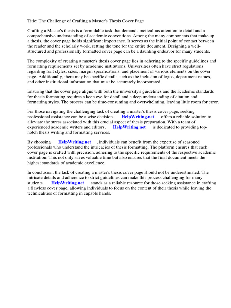 Sample Cover Page For Masters Thesis | PDF | Thesis | Doctor Of Philosophy