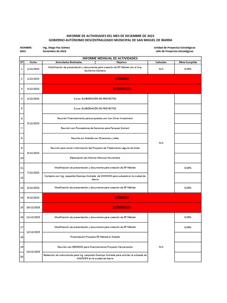 Informe Mensual de Proyectos Diciembre 2023 | PDF