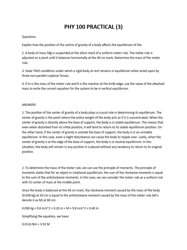 PHY 100 Practical (3) Answers | PDF | Force | Torque