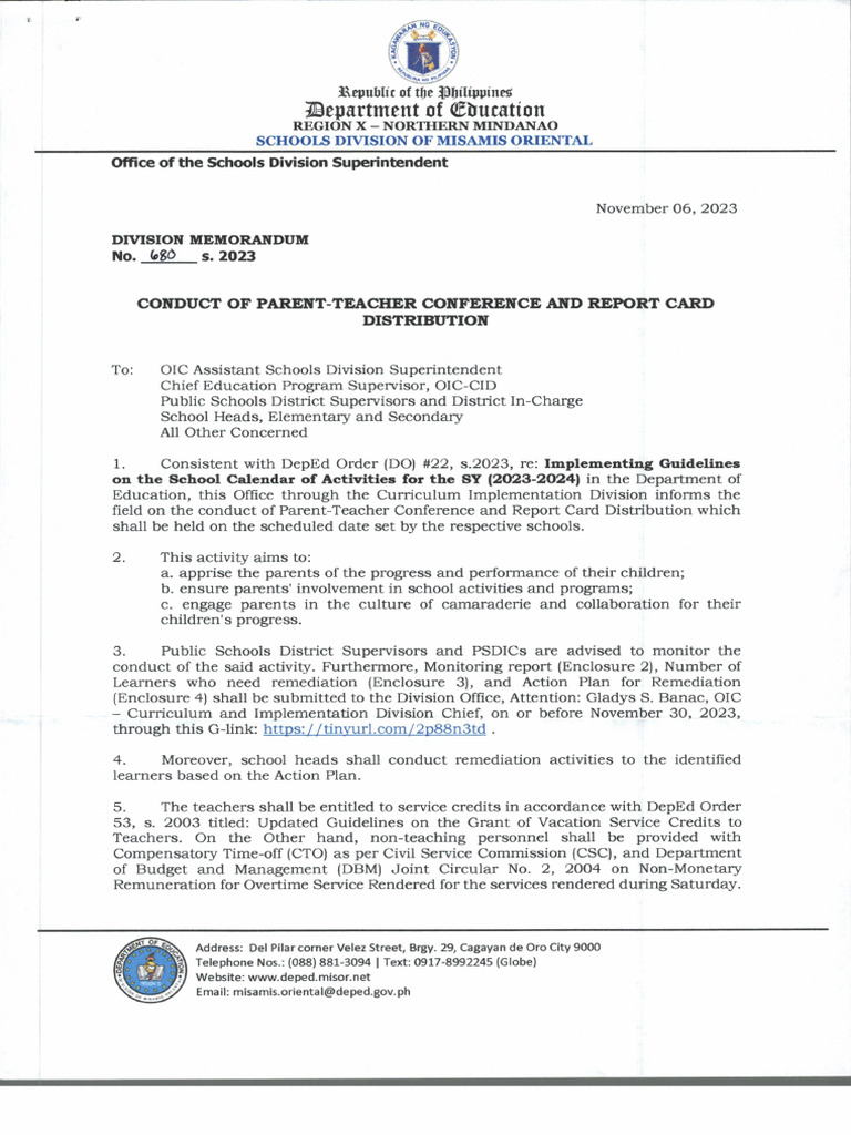 Dm680s.2023 Conduct of Parent-Teacher Conference and Report Card ...