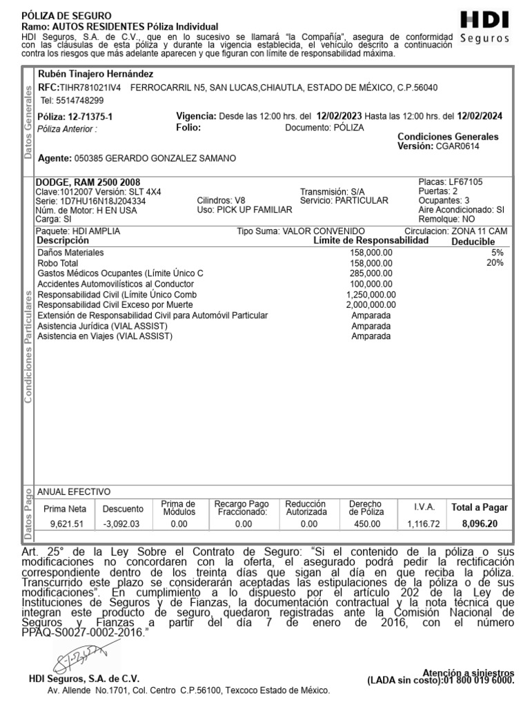 Po Liza 0000071375 | PDF | Póliza de seguros | Seguro