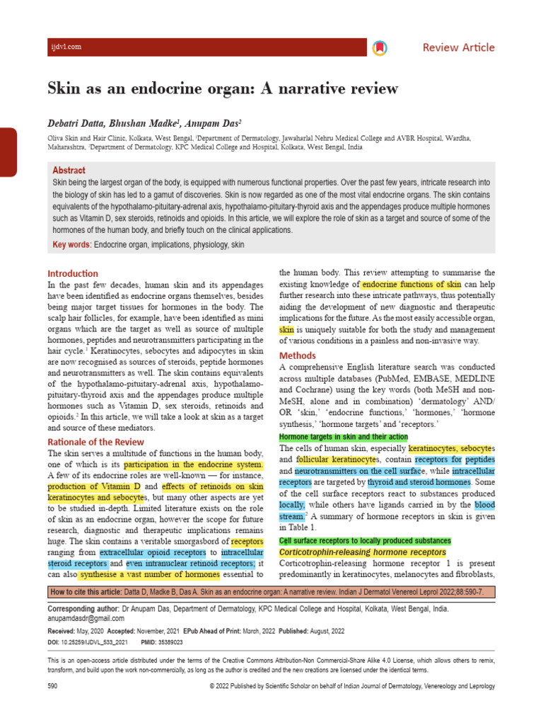 Skin As An Endocrine Organ - A Narrative Review | PDF | Skin | Hormone
