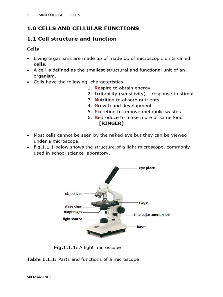 1.1 Cell Structure and Function | PDF | Cell (Biology) | Vacuole